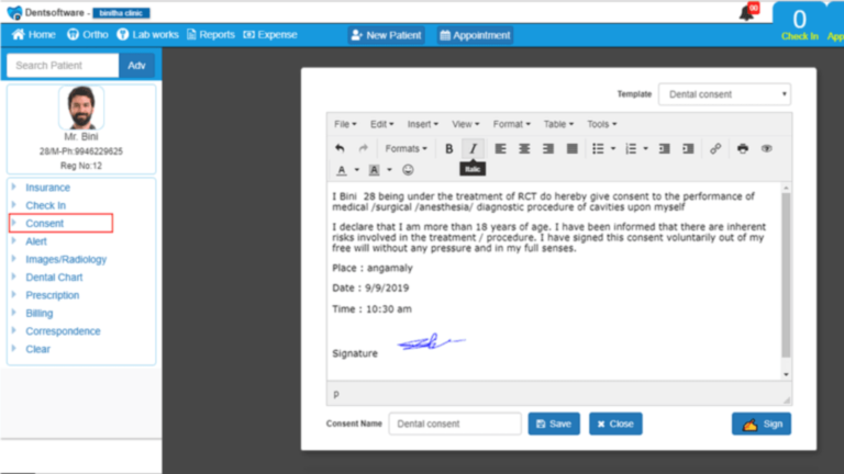 Dental Practice management software consent form